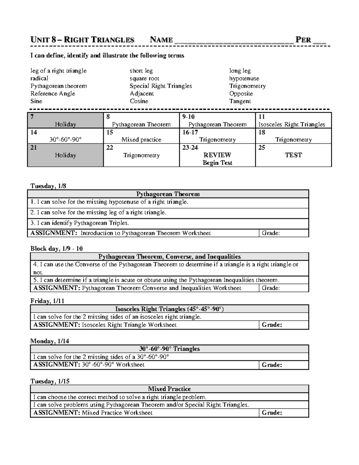Trig Packet - UNIT 8 – RIGHT TRIANGLES NAME ...