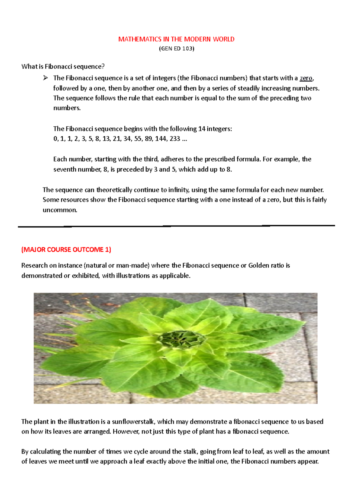 Fibonacci sequence - Gen Ed 103 - MATHEMATICS IN THE MODERN WORLD (GEN ...