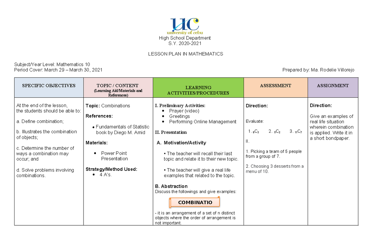Lesson-PLAN-Combinations - High School Department S. 2020- LESSON PLAN ...