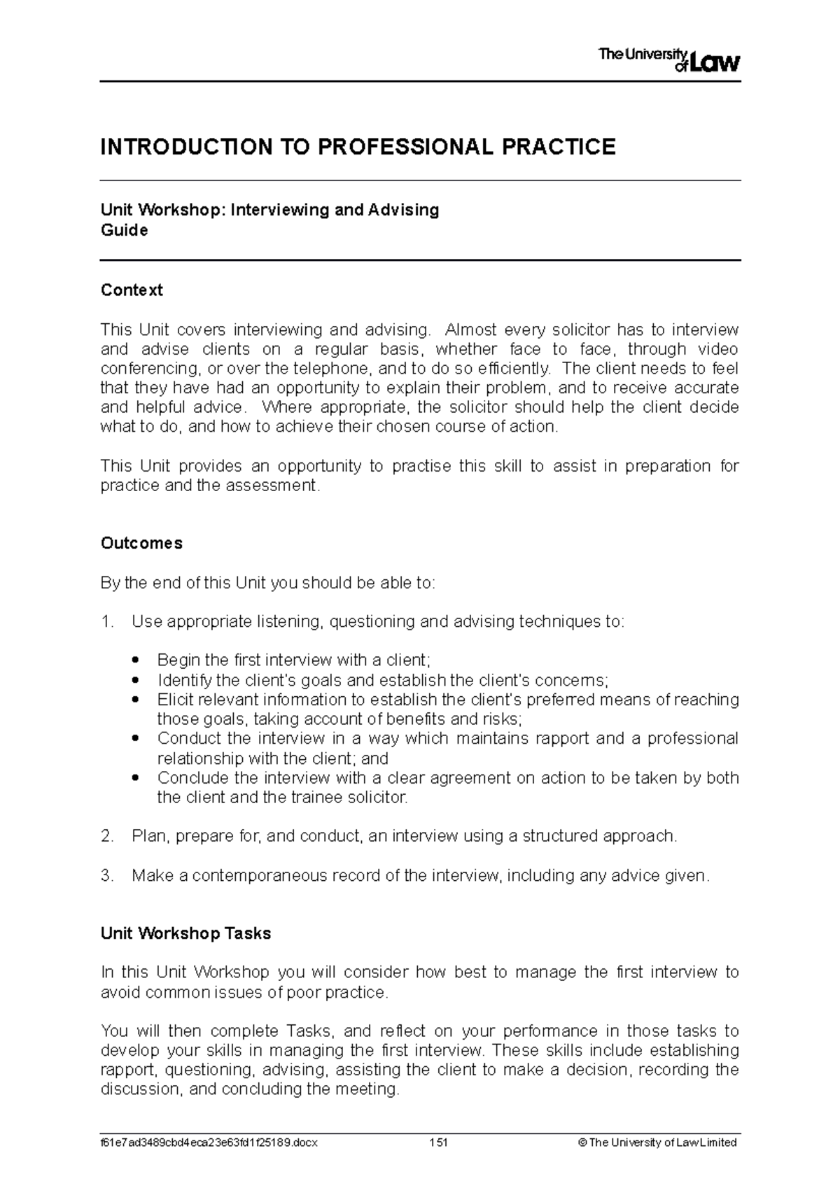 Interviewing Workshop Guide - INTRODUCTION TO PROFESSIONAL PRACTICE Unit Workshop: Interviewing ...