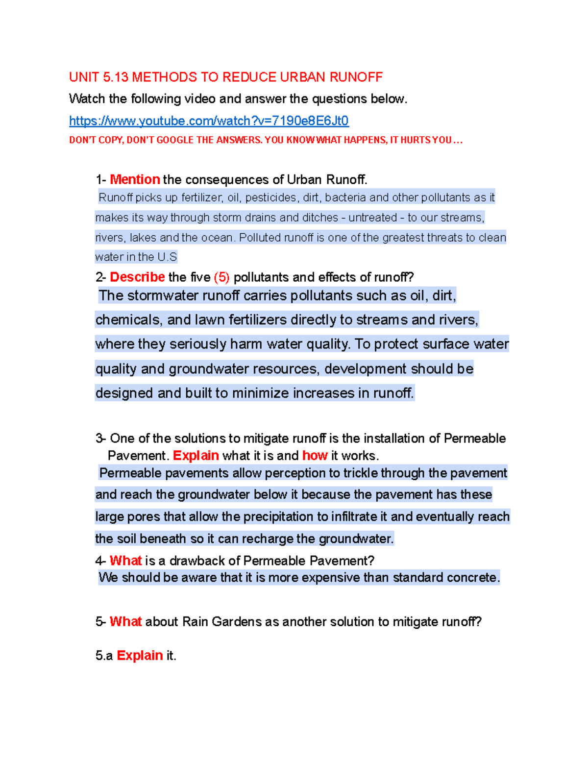 5 - ftydtrhfc - UNIT 5 METHODS TO REDUCE URBAN RUNOFF Watch the ...