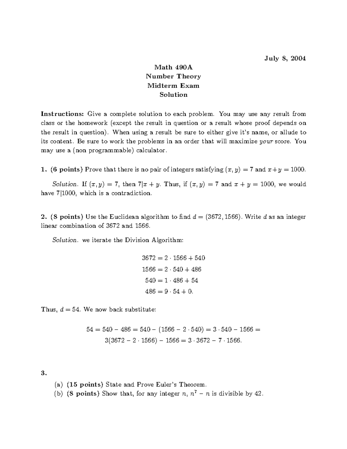Ex1 - N/A - July 8, 2004 Math 490A Number Theory Midterm Exam Solution ...