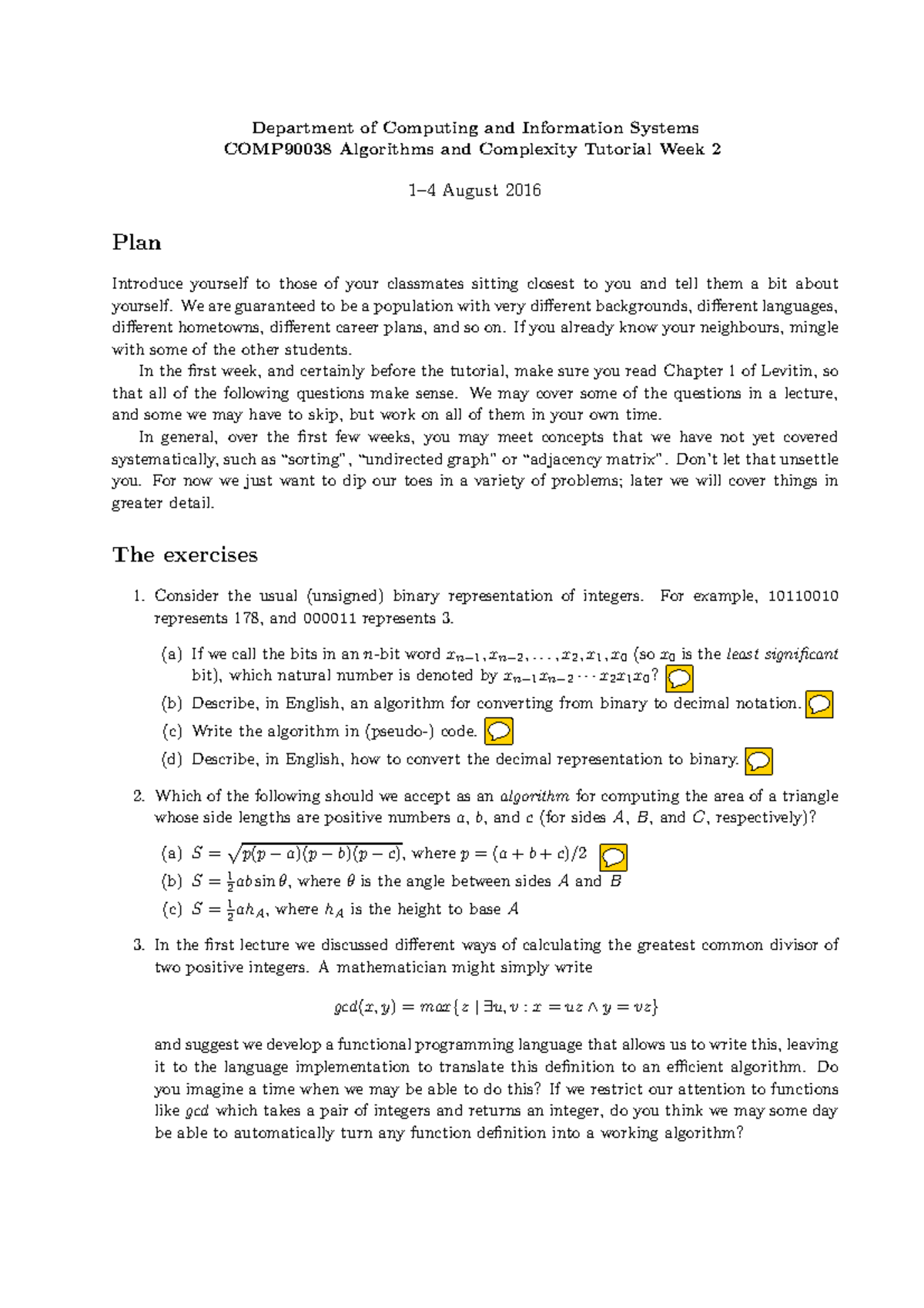 Seminar assignments - Week 2-7 - Department of Computing and Information Systems COMP90038 - Studocu