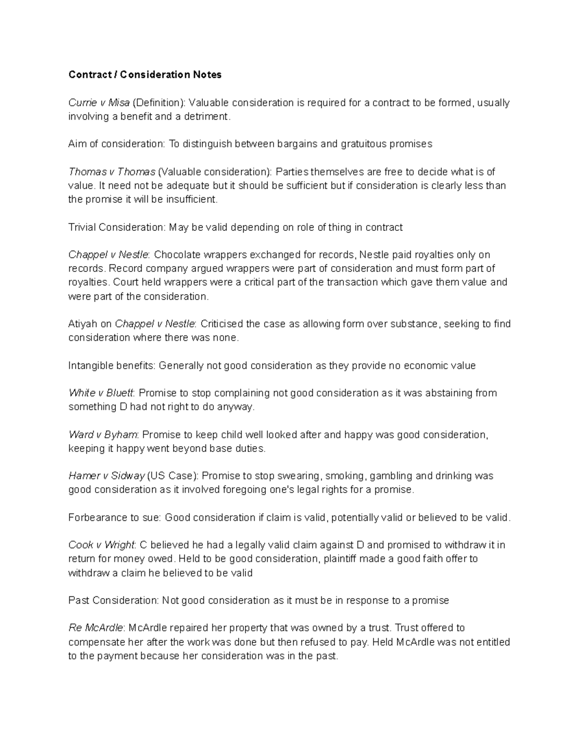 Contract Consideration Notes - Contract / Consideration Notes Currie v ...