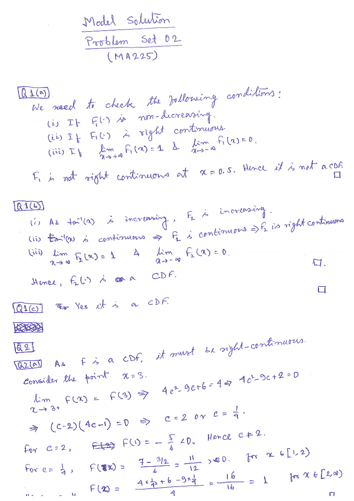 Tutorial 2 Solution - Nice - Model solution Problem Set 02 (MA225) Q1(a) We need to check the ...