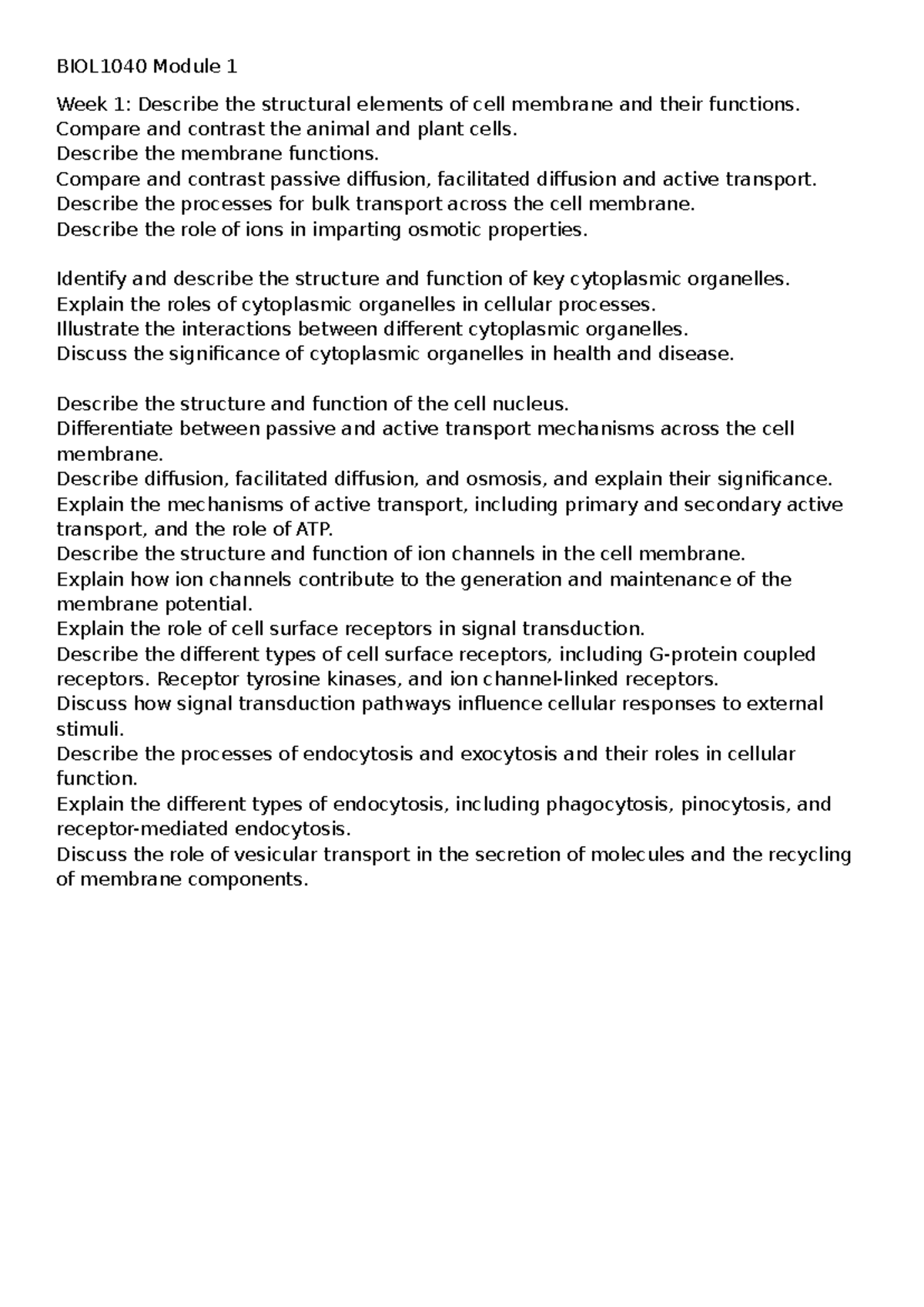 Module 1 notes - cells - BIOL1040 Module 1 Week 1: Describe the ...