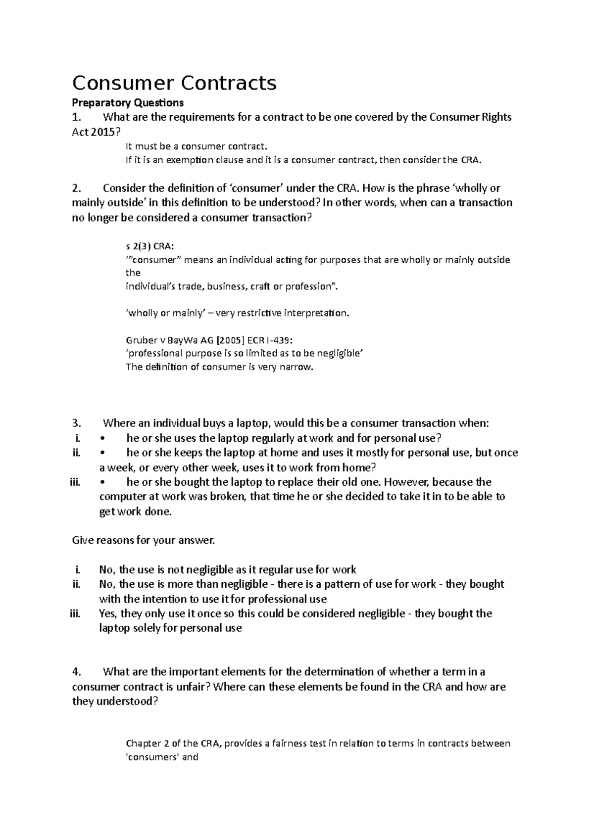 Consumer Contracts Seminar 11 - Consumer Contracts Preparatory ...