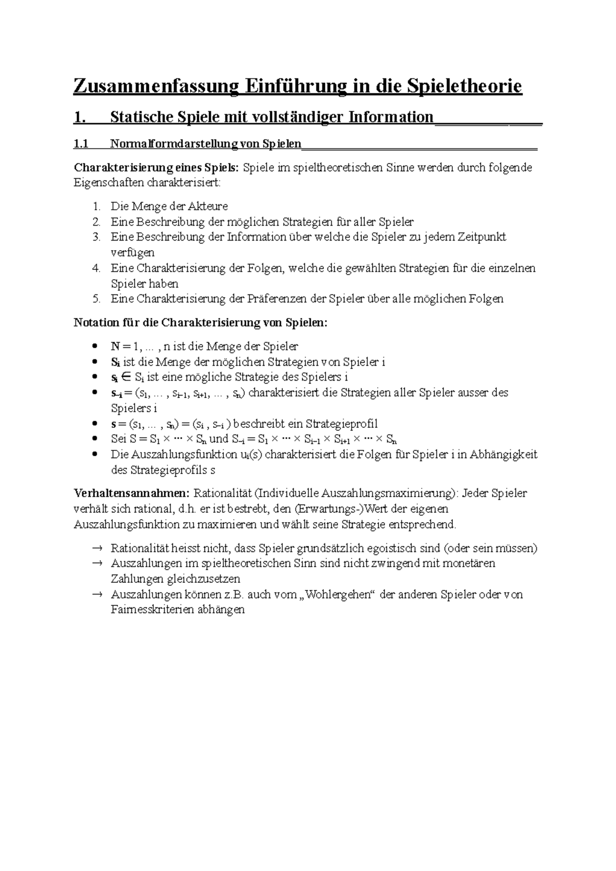 Zusammenfassung Einführung in die Spieltheorie 1 - Zusammenfassung in ...