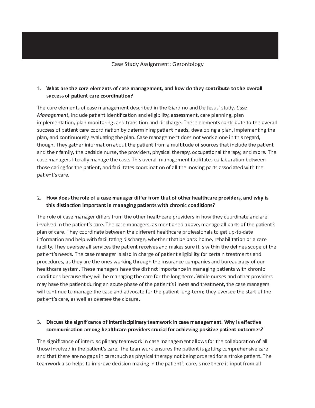 Gerontology Case Management - Case Study Assignment: Gerontology 1 ...