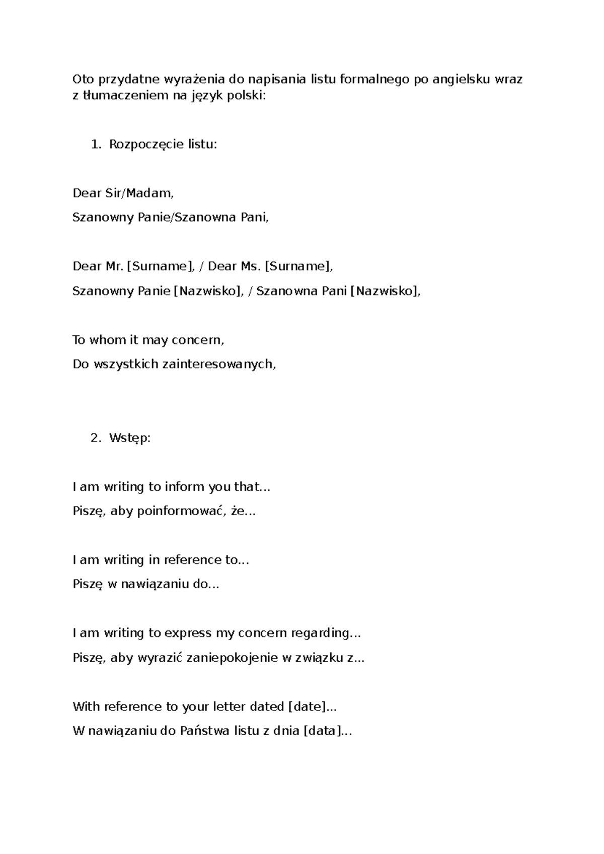 List formalny- zwroty - Oto przydatne wyrażenia do napisania listu formalnego po angielsku wraz ...