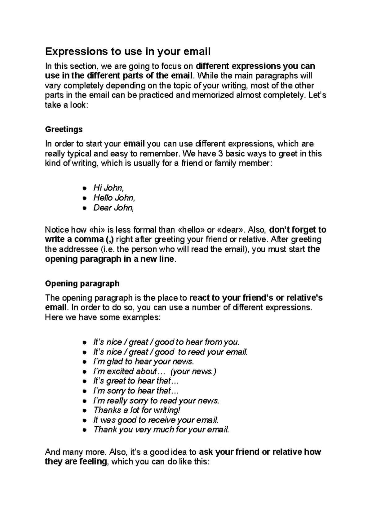 Expressions to use in your email - While the main paragraphs will vary ...