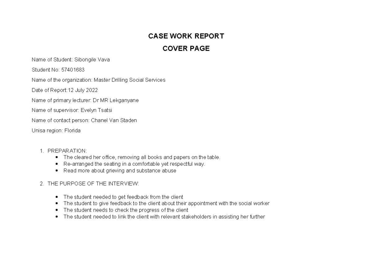 Casework Report 2022 (TWO) - CASE WORK REPORT COVER PAGE Name of ...