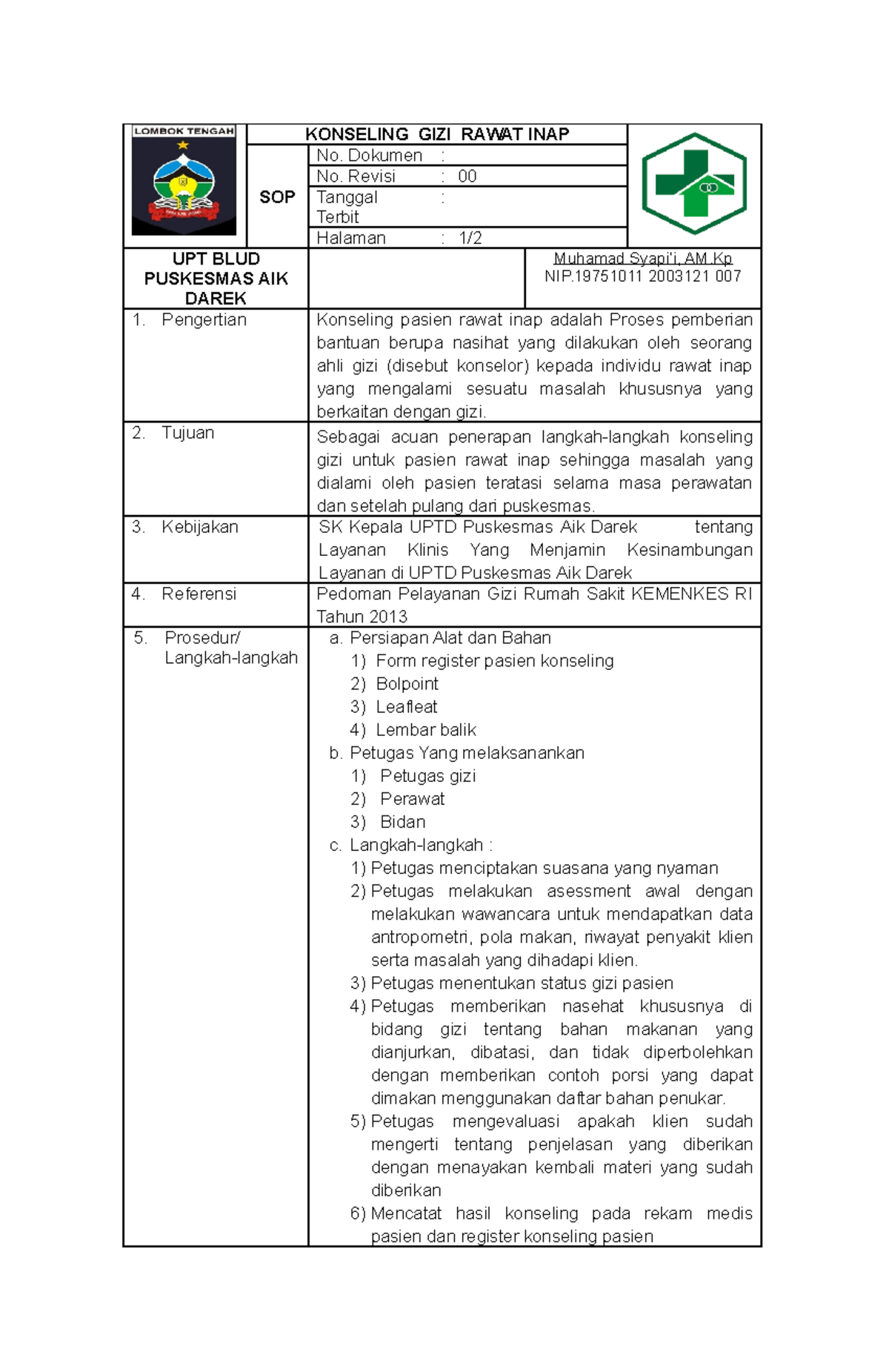 06. SOP Konseling GIZI Ranap - KONSELING GIZI RAWAT INAP SOP No. Dokumen : No. Revisi : 00 ...