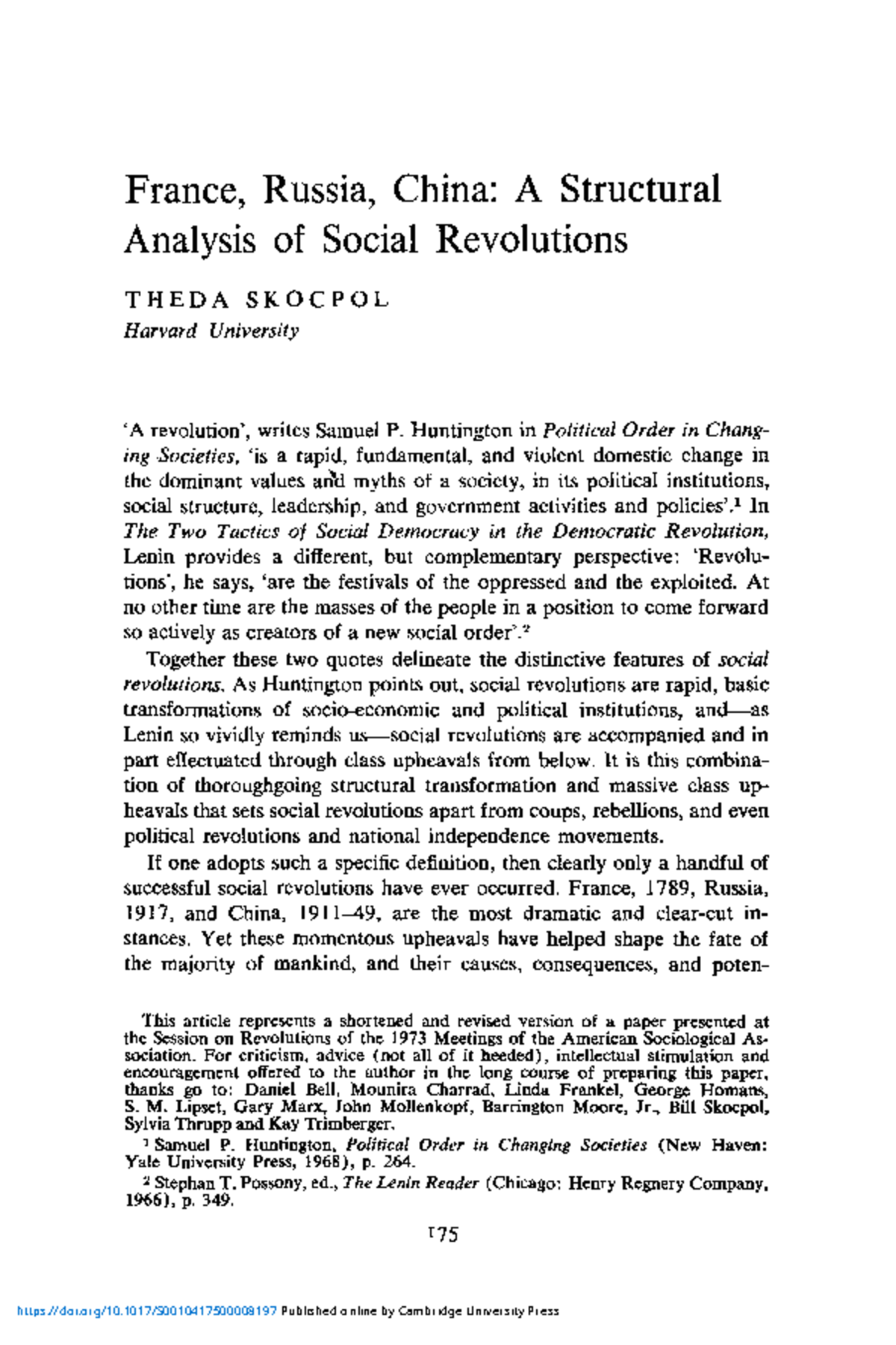 Skocpol (1976) France-Russia-China A Structural Analysis of Social ...
