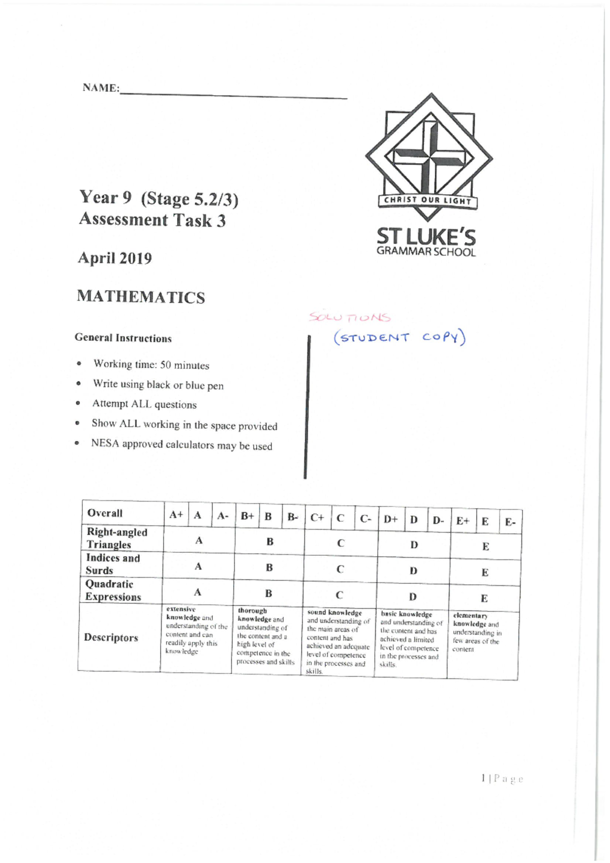 2019 Y9 5.3 Task 3 Solns (Student copy) - Studocu