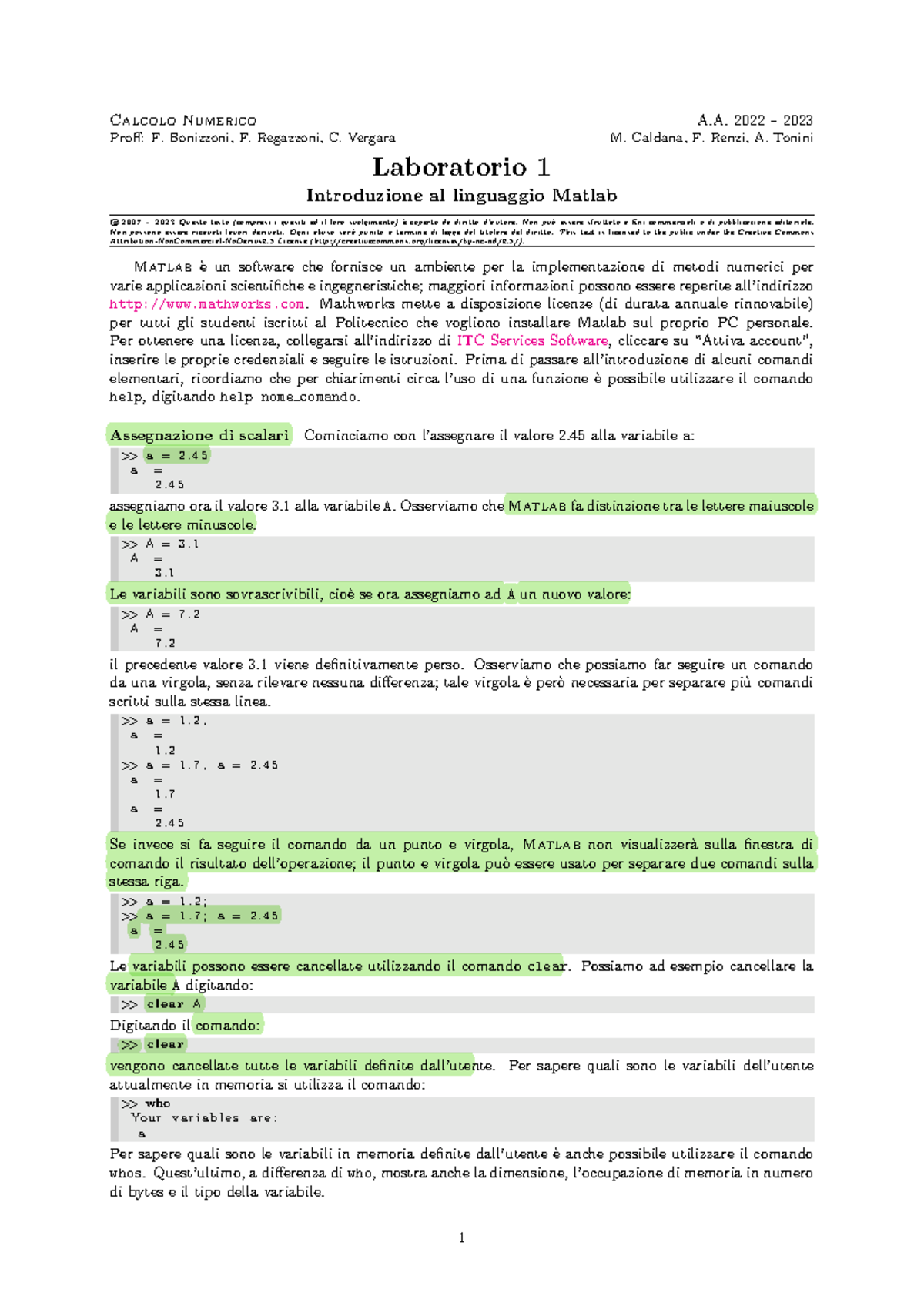 Lab01 matlab_calcolo numerico - Calcolo Numerico A. 2022 – 2023 Proff: F. Bonizzoni, F ...