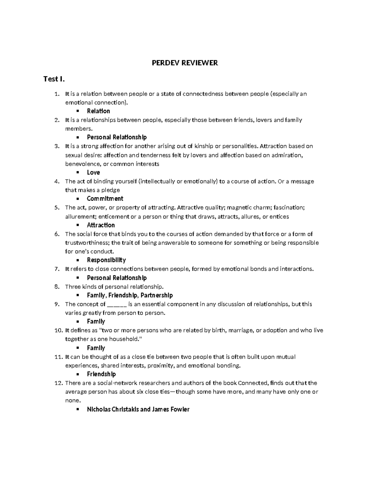 Perdev Reviewer - PERDEV REVIEWER Test I. It is a relation between ...