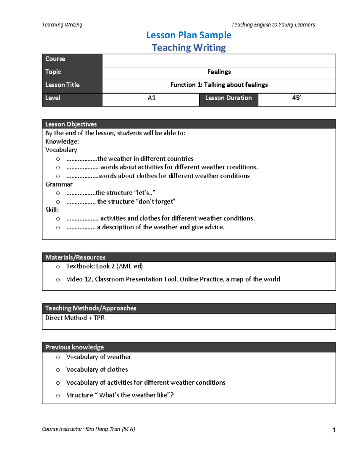 Handout Lesson Plan Sample Teaching Writing - Lesson Plan Sample ...