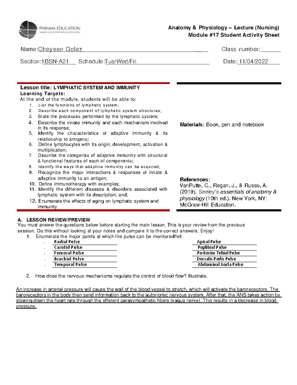 HES 029, Session 17- Cheyeen Golez 1BSN-A21 - Module #17 Student Activity Sheet Name:Cheyeen ...