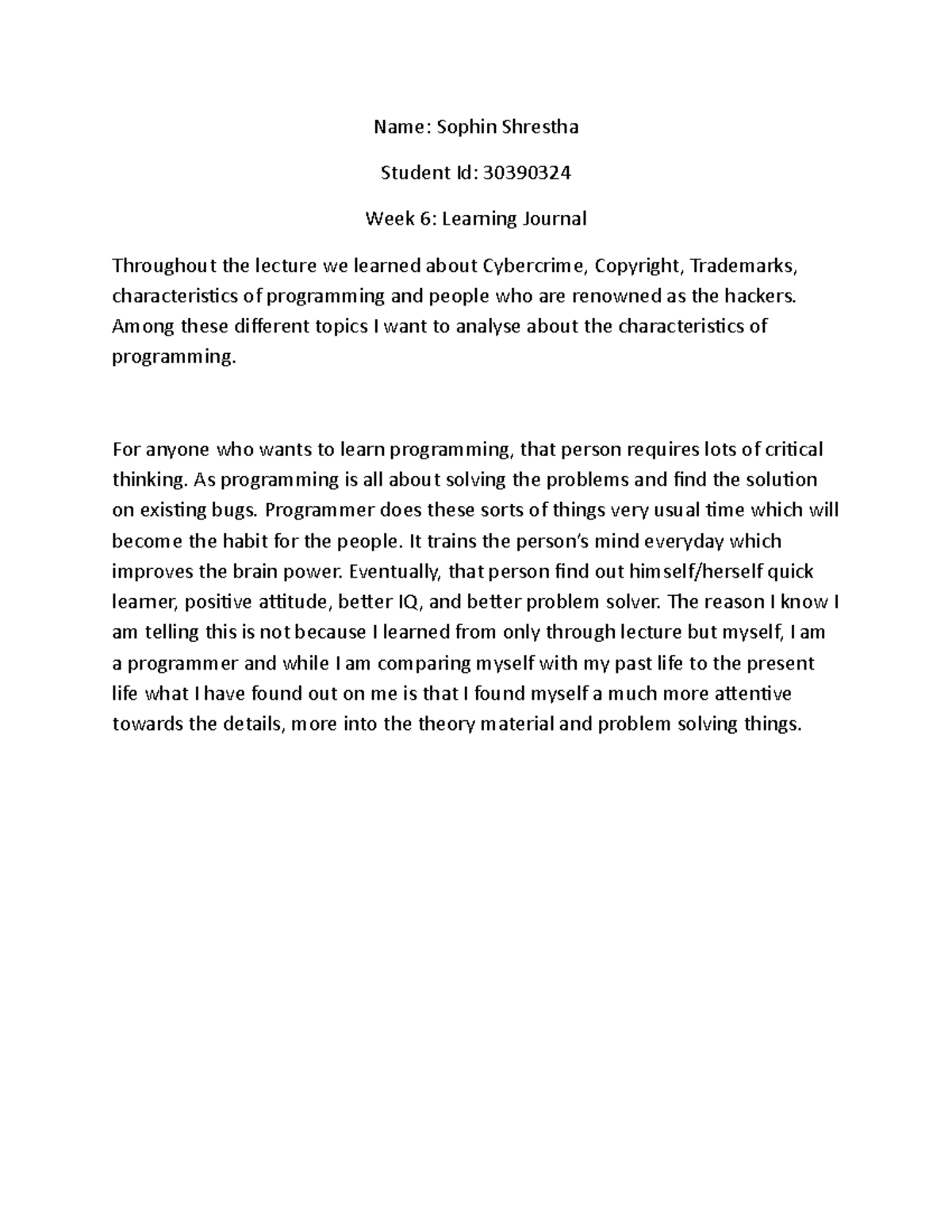 Week 6 Learning Journal - Name: Sophin Shrestha Student Id: 30390324 ...