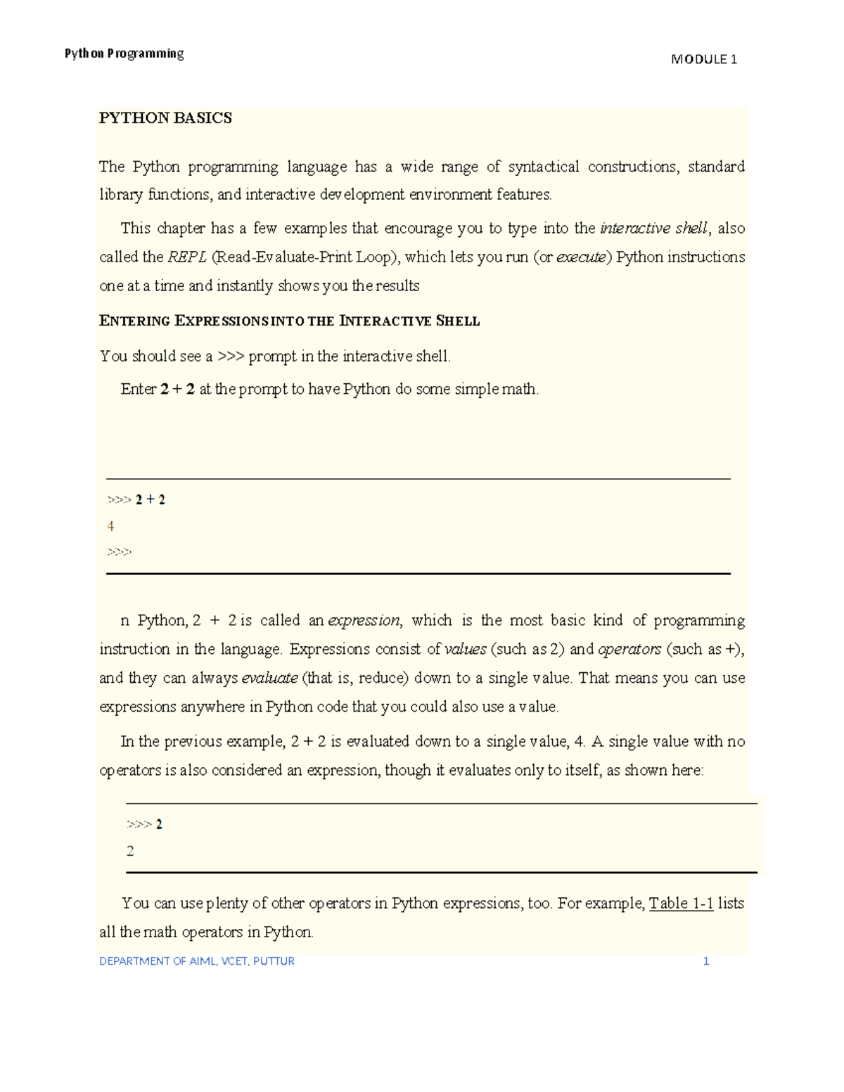 Module 1 - sadas - Application Development using Phyton PYTHON BASICS The Python programming ...