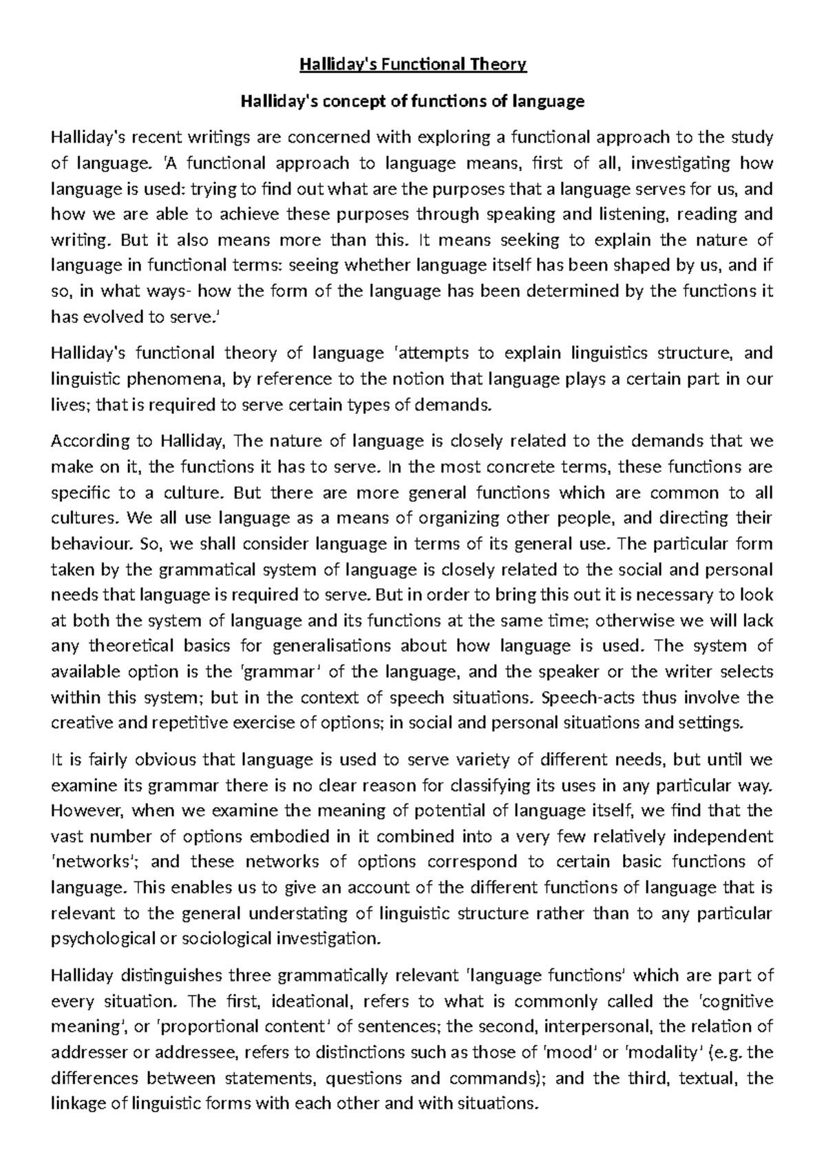 Linguistics-Q22 - Important notes - Halliday's Functional Theory ...