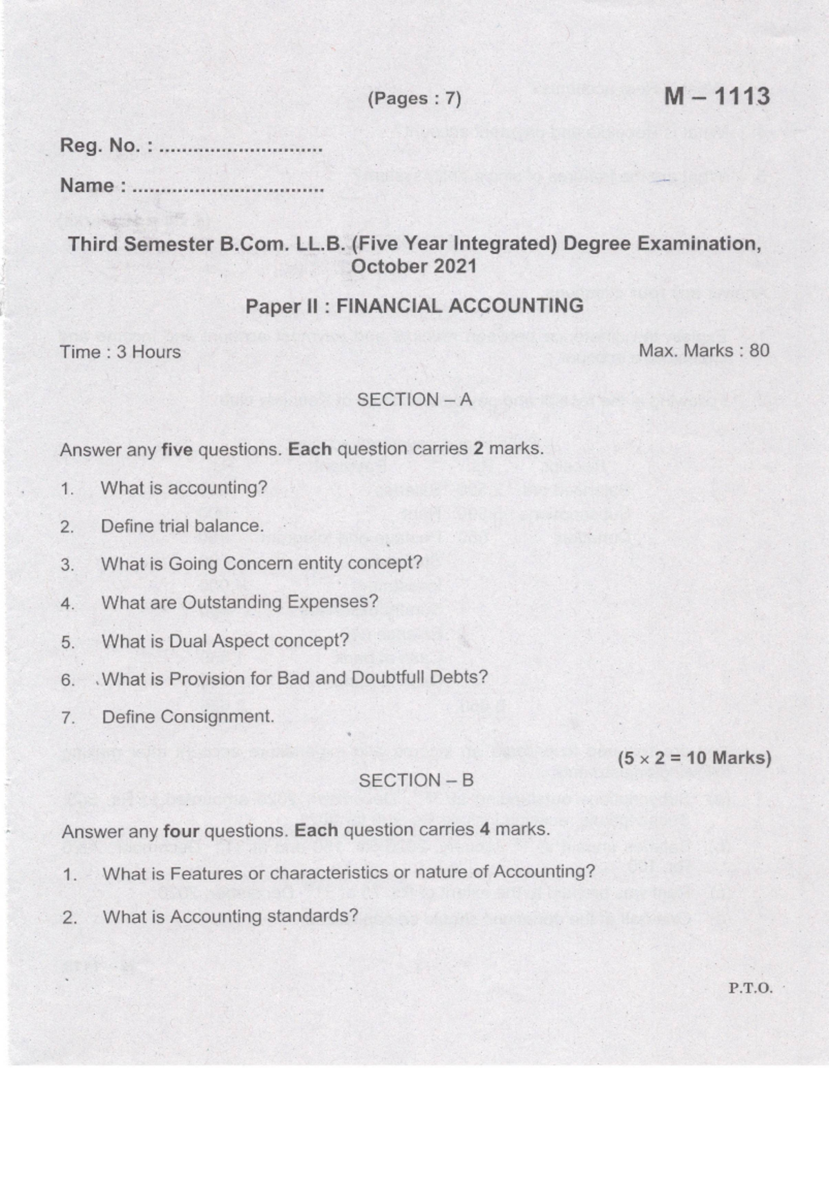 3 Sem Bcom Oct 2021 Financial Acoounting 4 - (Pages : 7) M Reg. No. : Name : Third Semester B ...