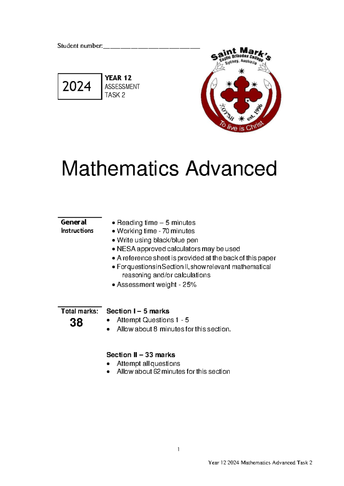 Yr 12 Task 2 Version 2 - 1 Student number ...