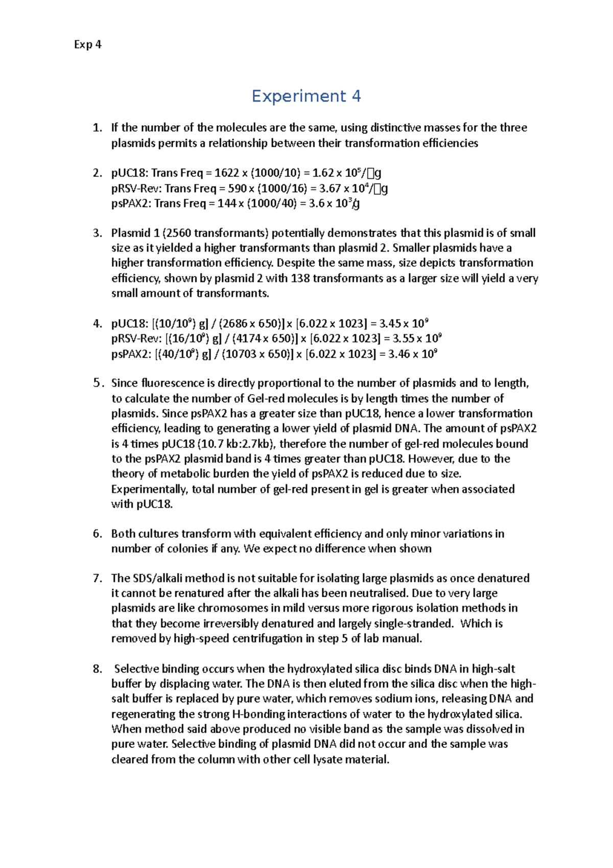 Experiment 4 - exp 4 - Exp 4 Experiment 4 If the number of the molecules are the same, using ...