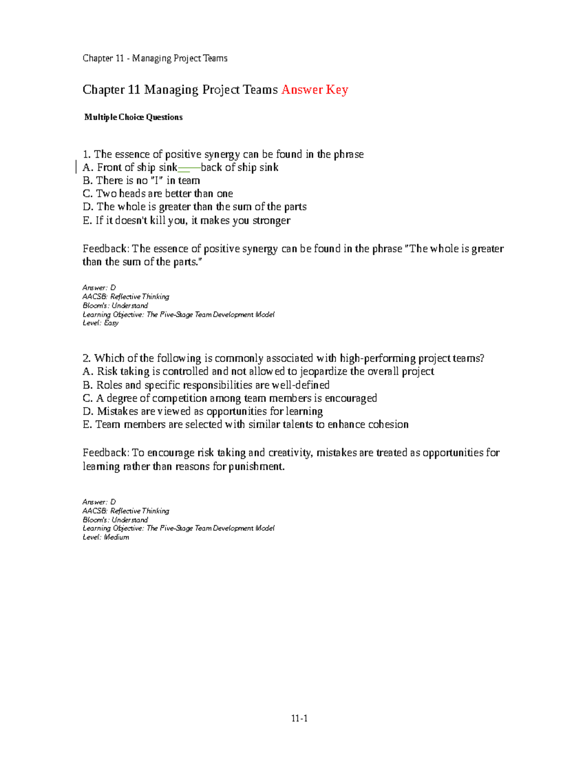 Chap011 - assignment - Chapter 11 Managing Project Teams Answer Key Multiple Choice Questions ...