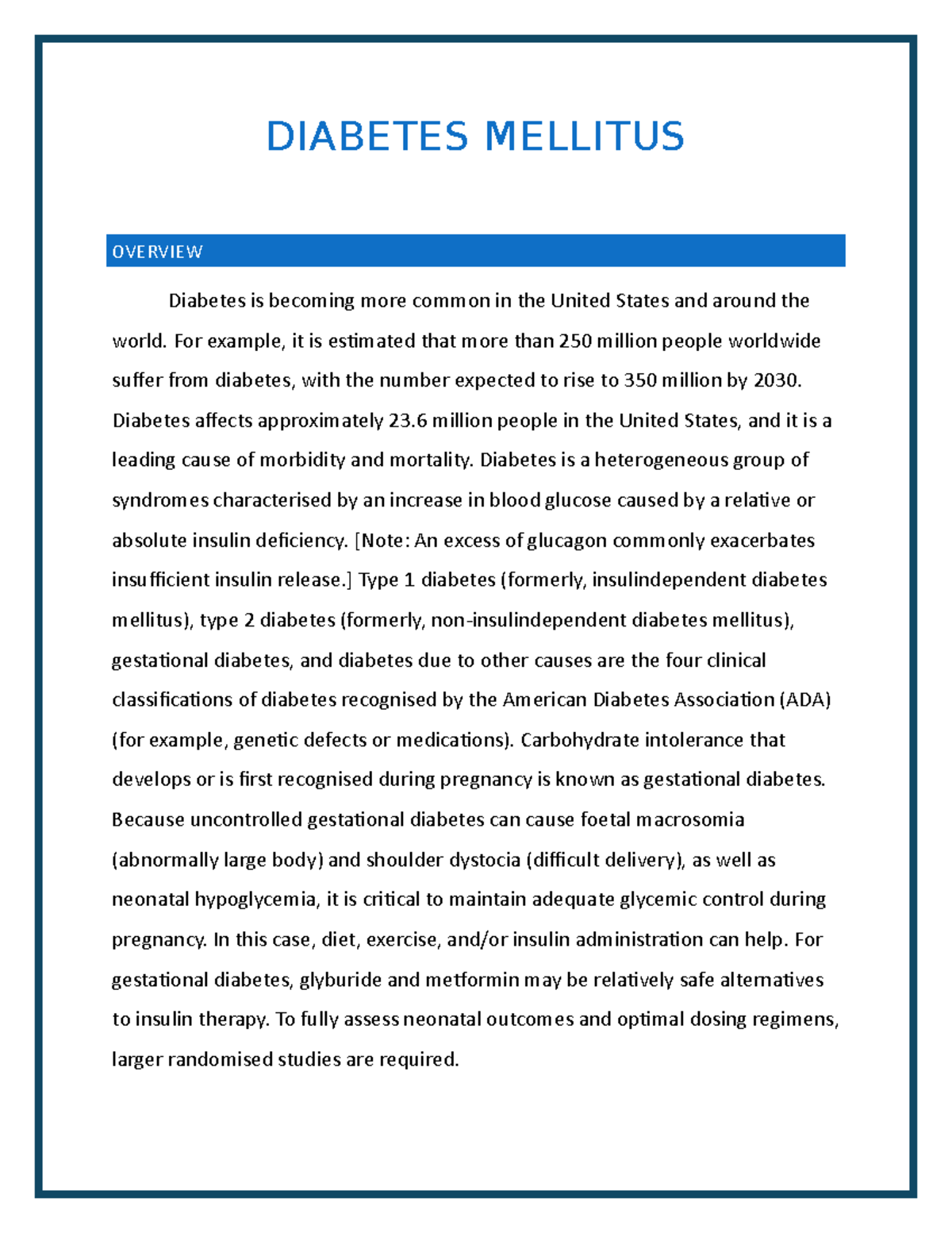Brief NOTE ON Diabetes Mellitus - DIABETES MELLITUS OVERVIEW Diabetes ...