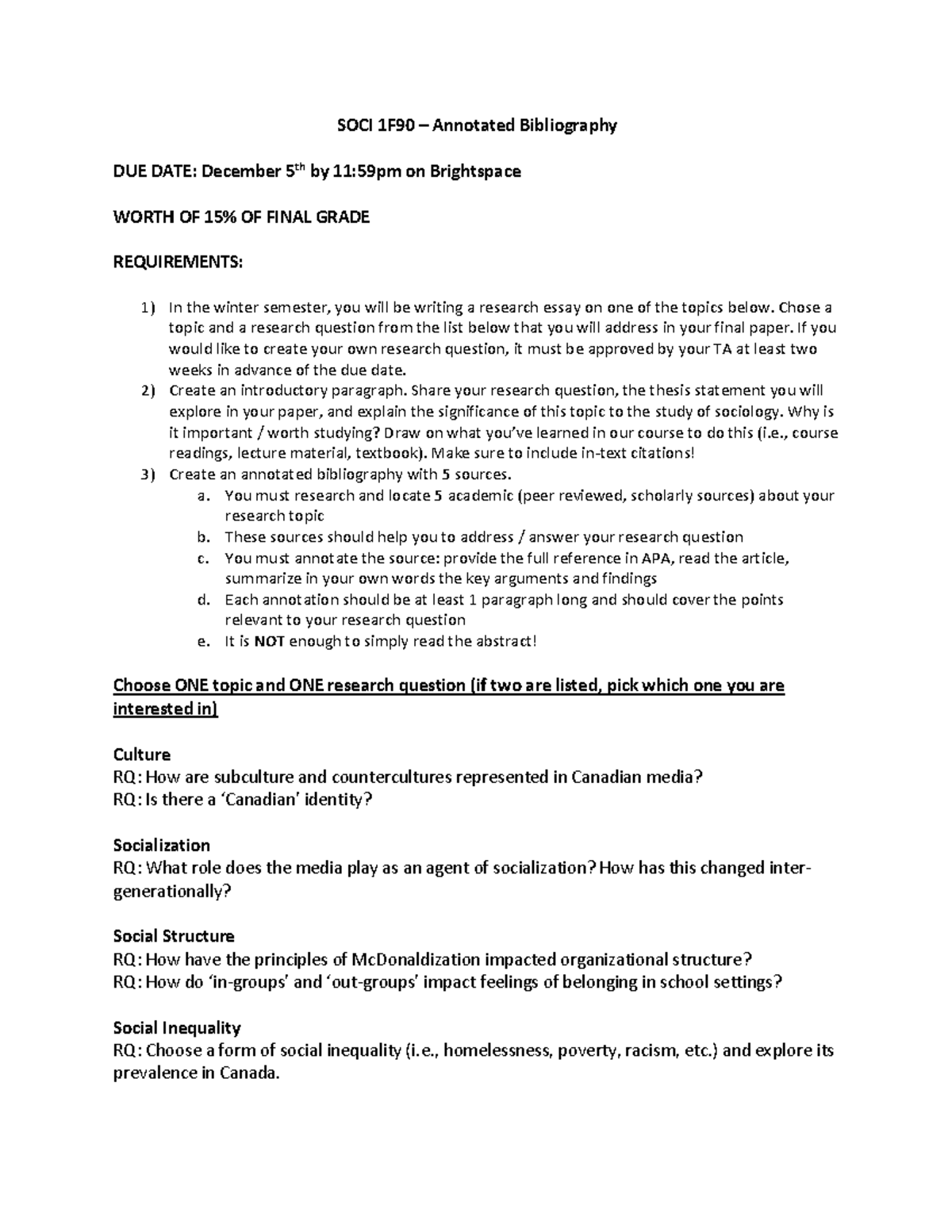 Annotated Bibliography Assignment Instructions - SOCI 1F90 – Annotated ...