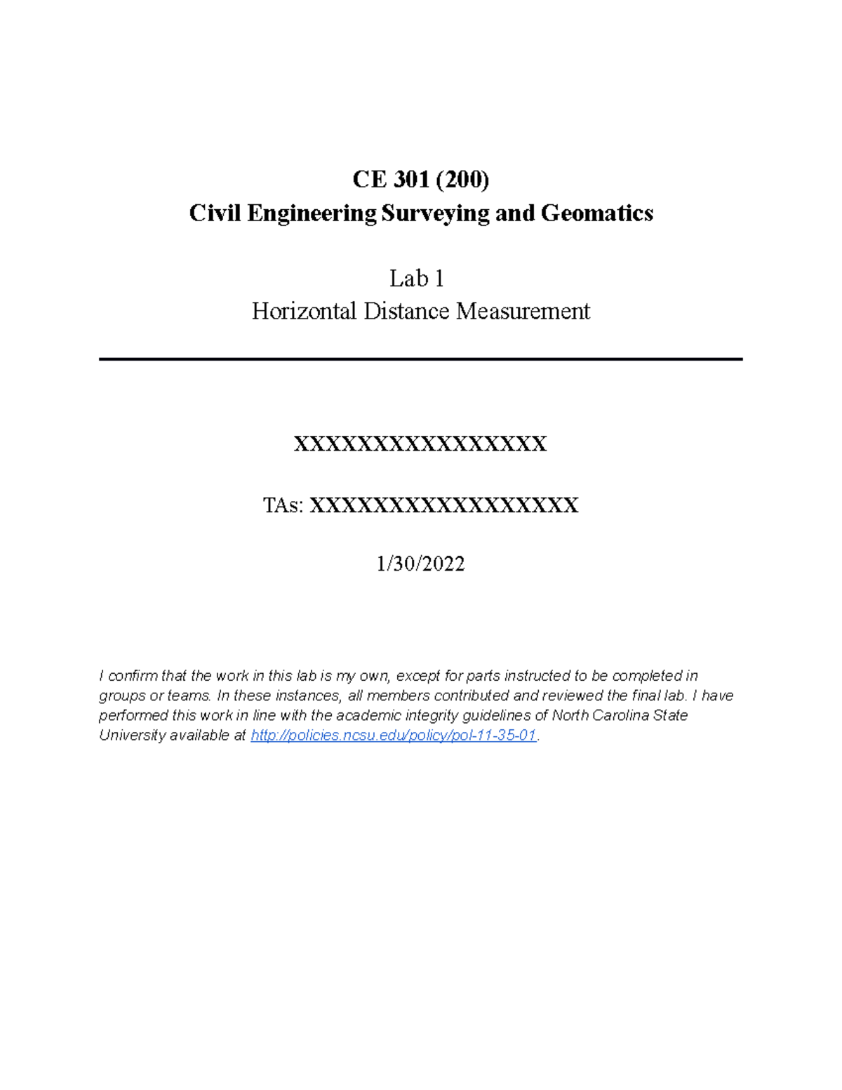 CE 301 Surveying Lab 1 - CE 301 (200) Civil Engineering Surveying and Geomatics Lab 1 Horizontal ...