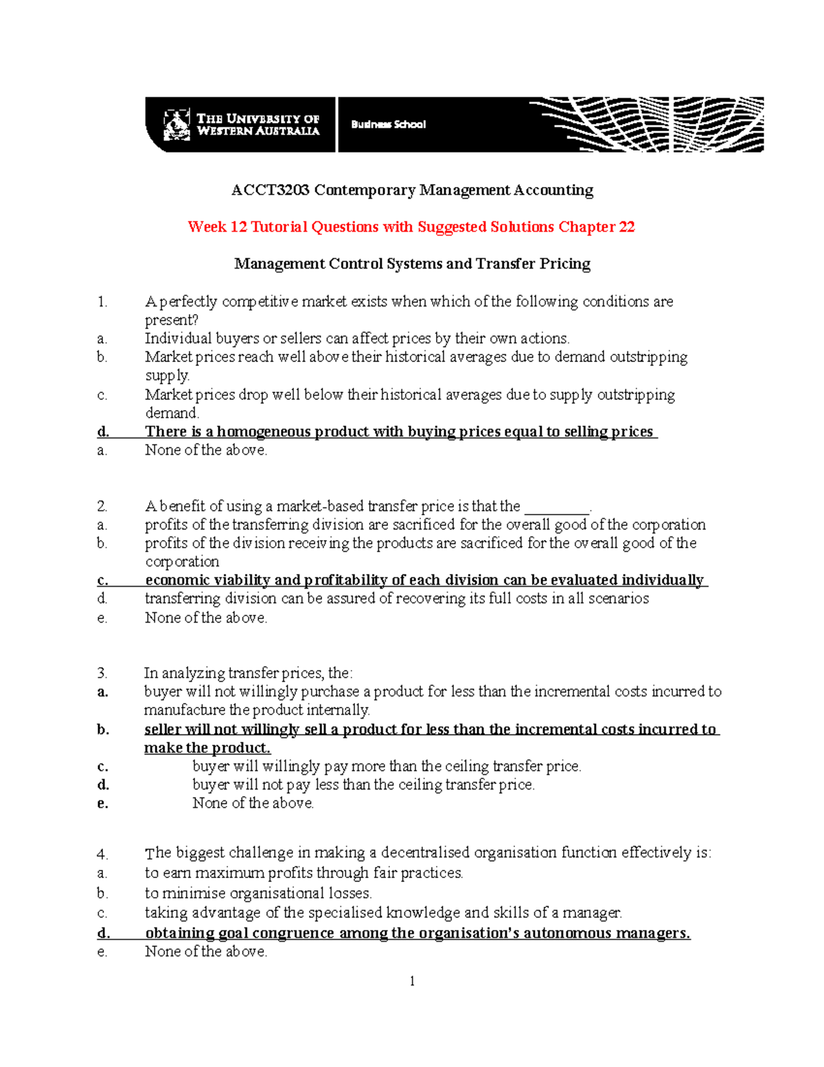 Chp 22 Tute Qns & Solns - ACCT3203 Contemporary Management Accounting ...