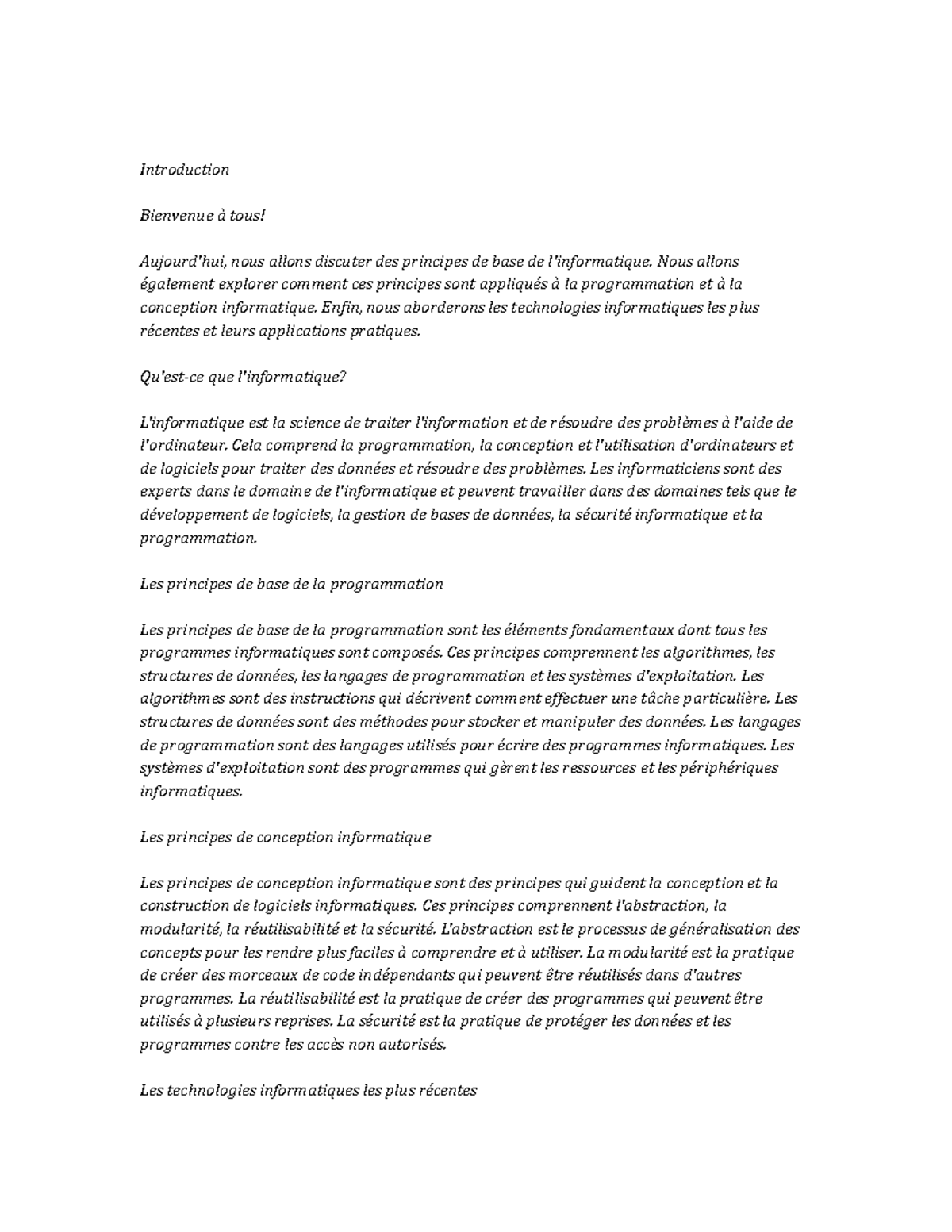 Computer Science Study Notes - Introduction Bienvenue à tous! Aujourd ...