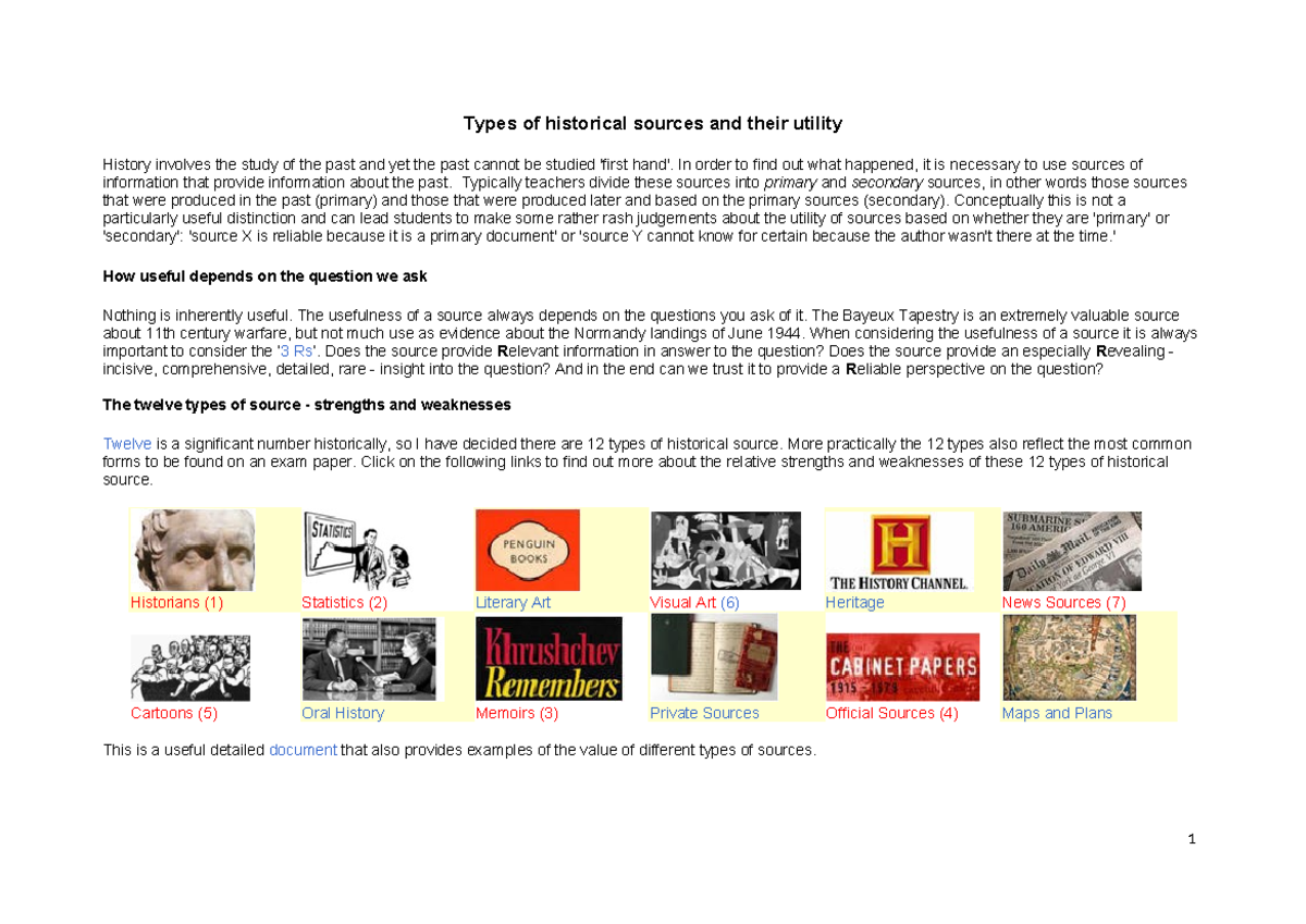 Utility by types of sources - Types of historical sources and their ...