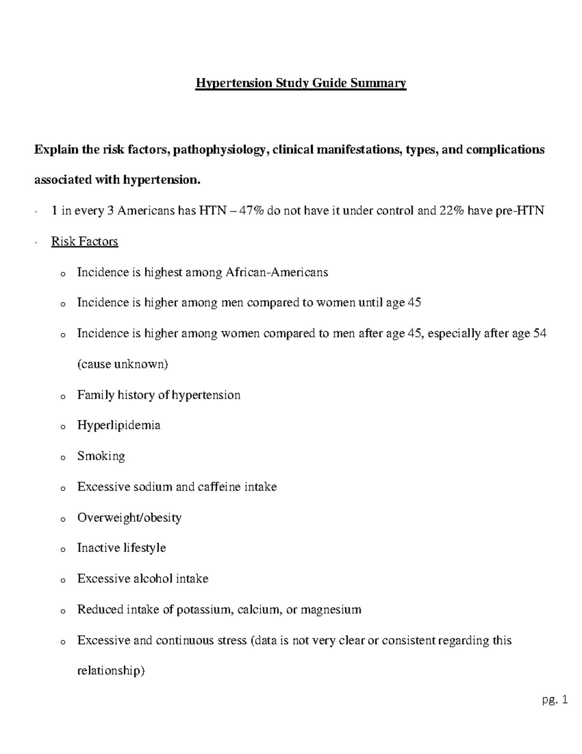 Hypertension Study Guide Summary - Hypertension Study Guide Summary ...