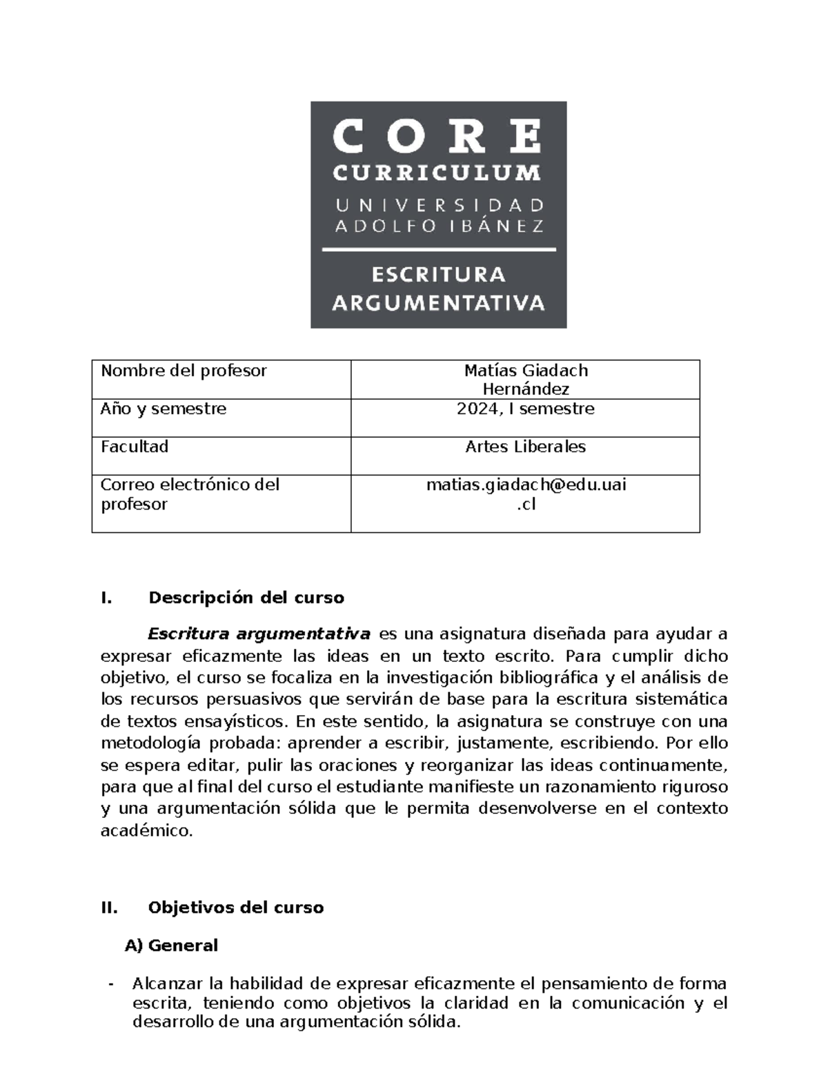 Syllabus Core Escritura argumentativa, 1s 2024. S15 - Nombre del ...