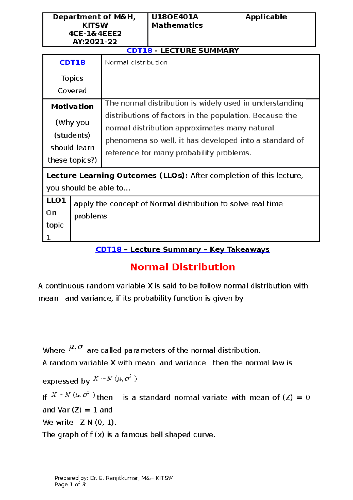 CDT18Normaldistribution - Department of M&H, KITSW 4CE-1&4EEE AY:2021 ...