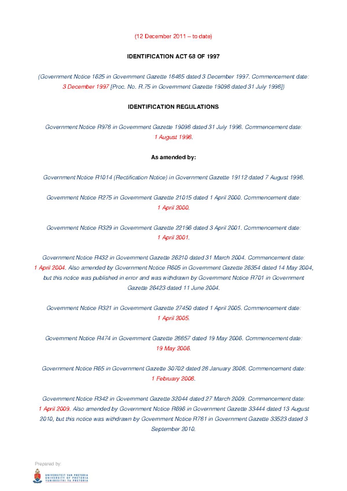 Notice 978 of 31 July 1998 - Identification Regulations - ( 12 December ...
