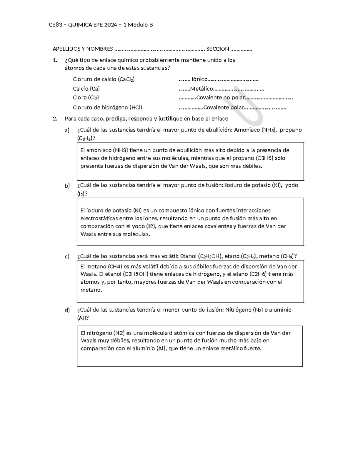 ATS2 Quimica EPE - CE83 – QUIMICA EPE 2024 – 1 Modulo B APELLIDOS Y NOMBRES - Studocu