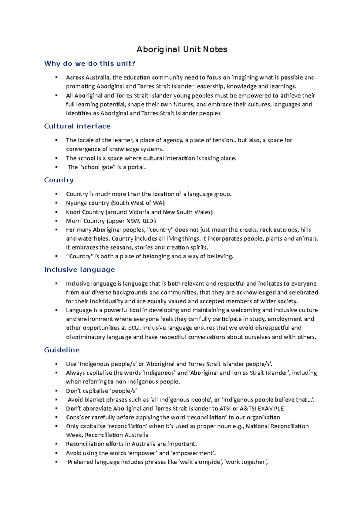 Lectures Lecture Notes Aboriginal Unit Notes Why Do We Do This Unit Across Australia The