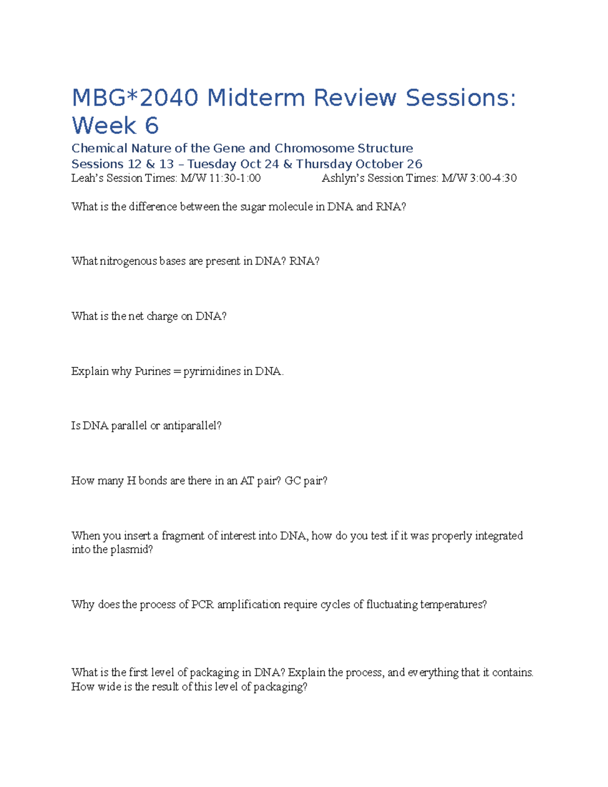 MBG 2040 Midterm Review Session- Week 6 - MBG*2040 Midterm Review ...