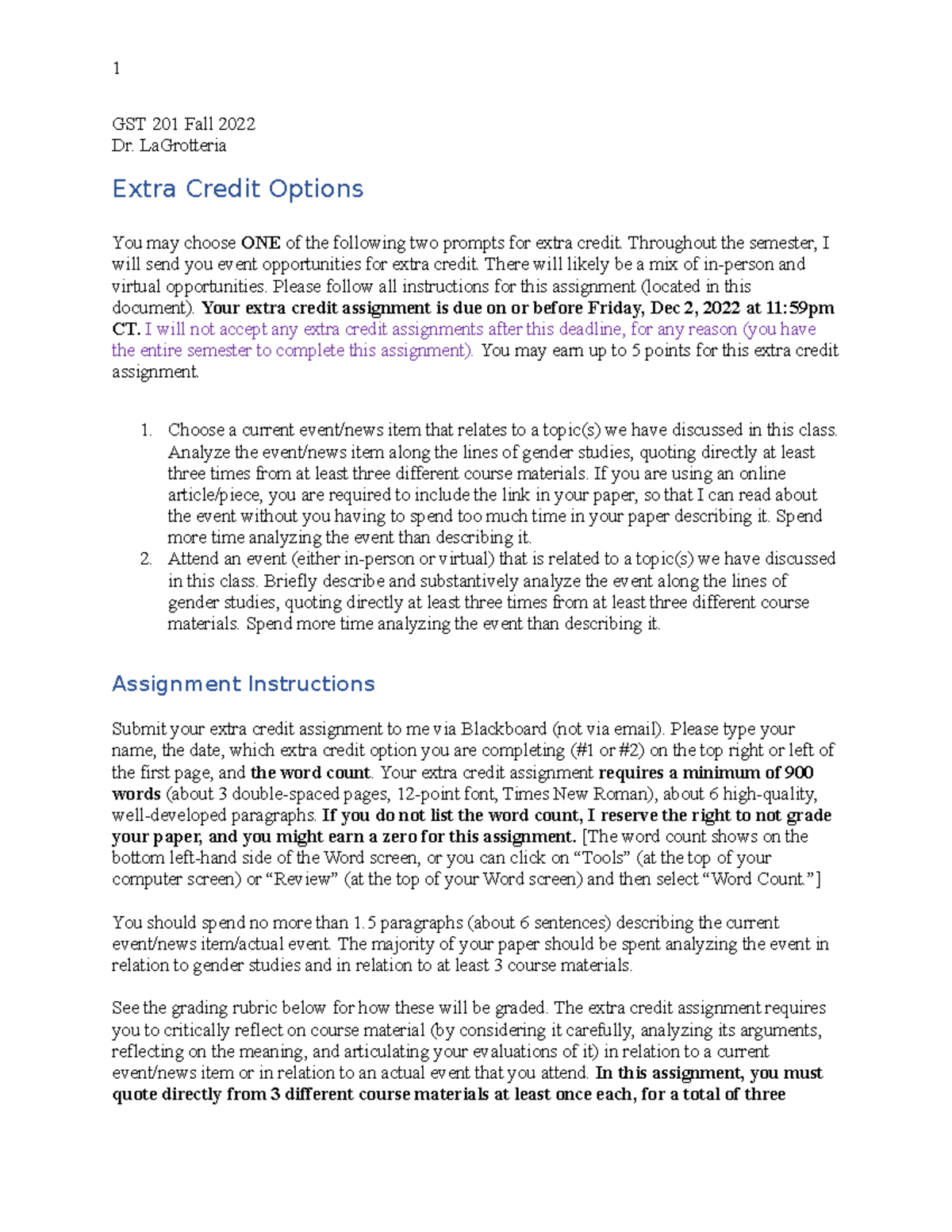 GST 201 Extra Credit Options - 1 GST 201 Fall 2022 Dr. LaGrotteria ...