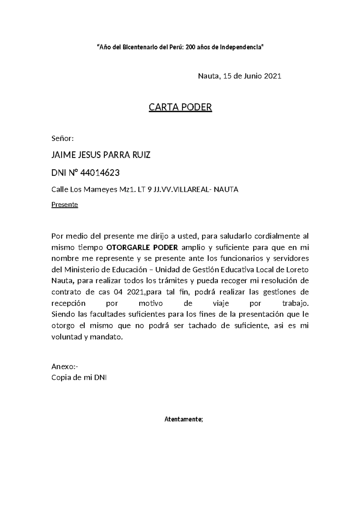 Carata poder jonatan - “Año del Bicentenario del Perú: 200 años de ...