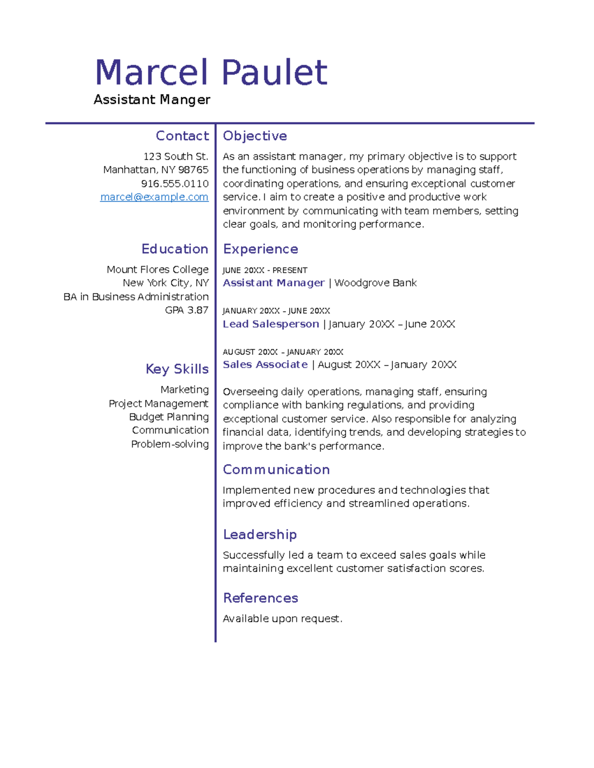 Basic management resume - Marcel Paulet Assistant Manger Contact 123 ...