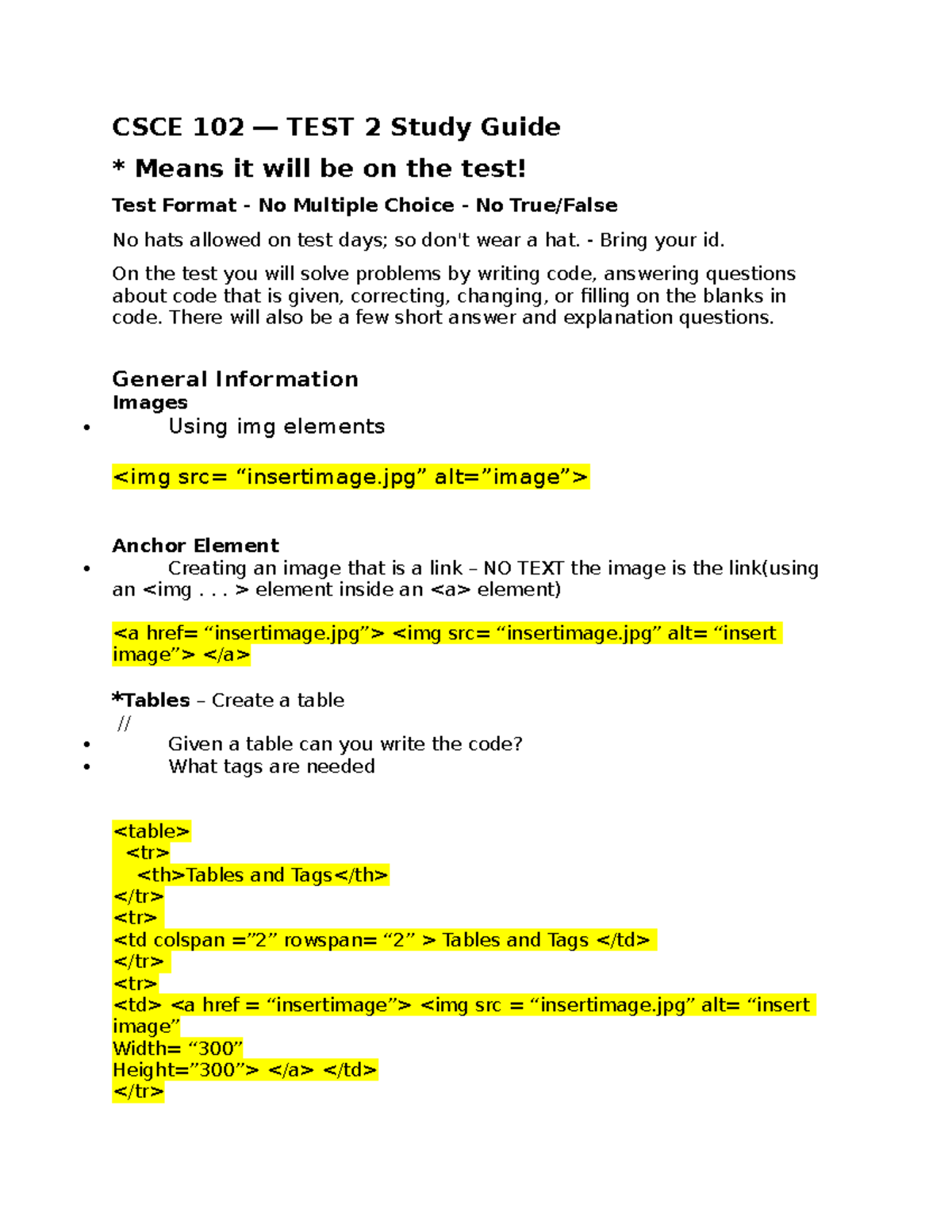 Test 2 studyguide - This is a study guide that has highlighted to ...