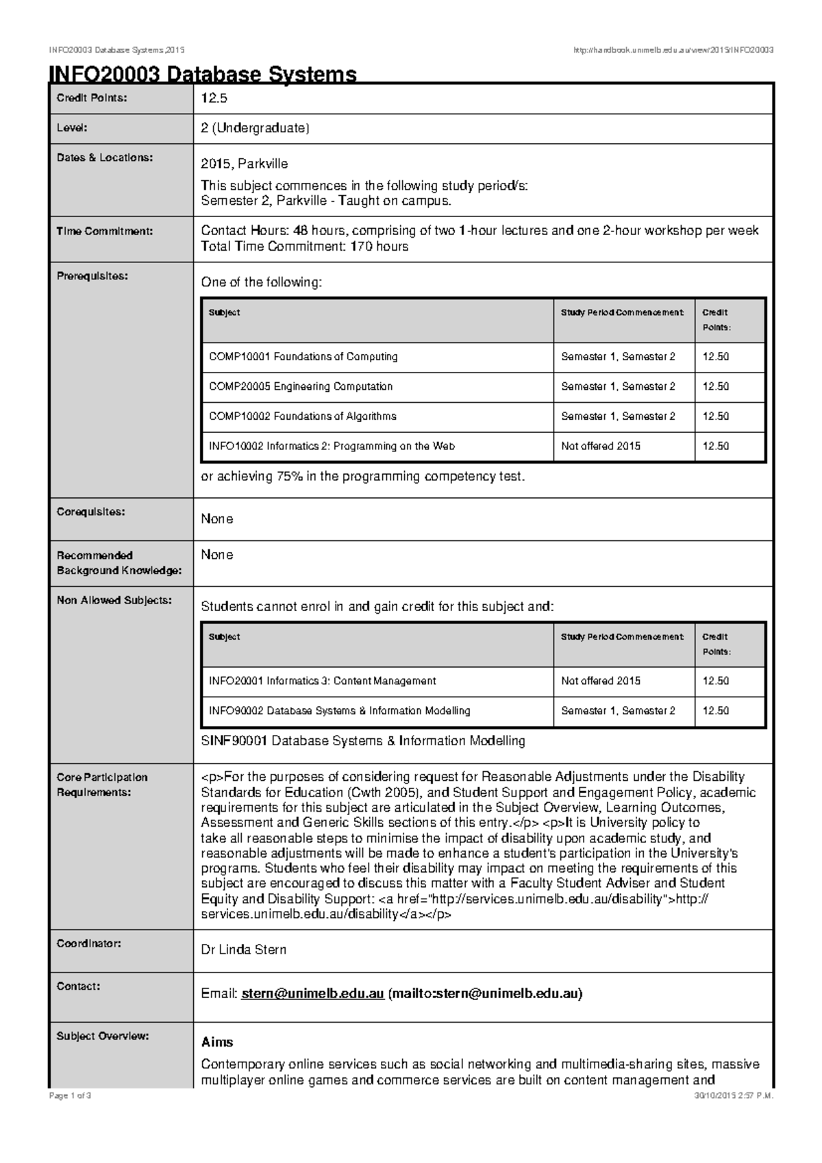 INFO2000 3 - Handbook which subject description, assessment details - Database Systems,2015 ...
