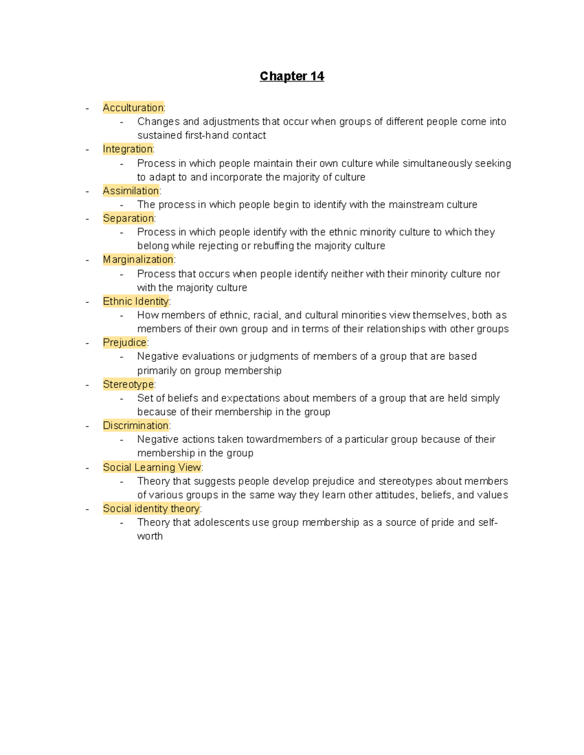 Psych 160 Ch - online asynchronous - Chapter 14 Acculturation: Changes and adjustments that ...