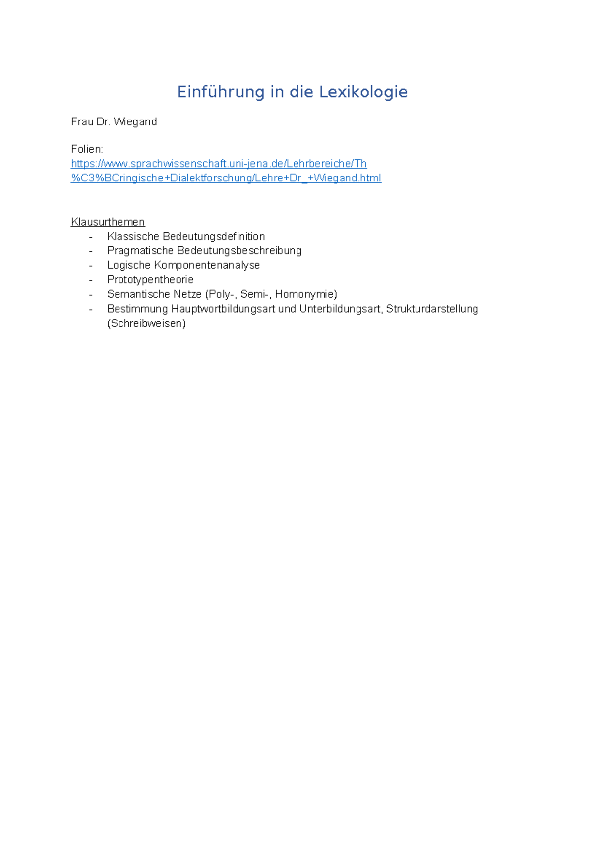 Lexikologie Zusammenfassung - Einführung in die Lexikologie Frau Dr ...